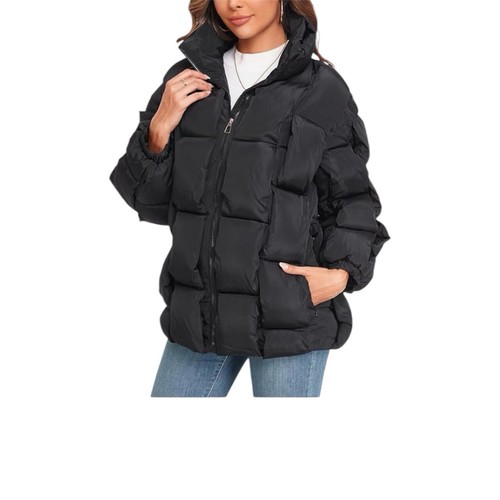 women's Heavy Puffer Jacket Padded Long Sleeve Zip Coat Black Large | eBay