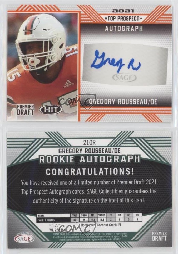 2020 Sage Hit 2021 Top Prospect Orange Greg Rousseau Gregory #21GR Auto ...