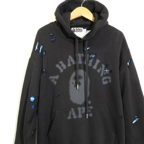 A BATHING APE BAPE Destroyed College Layered Pullover Hoodie Black Size ...