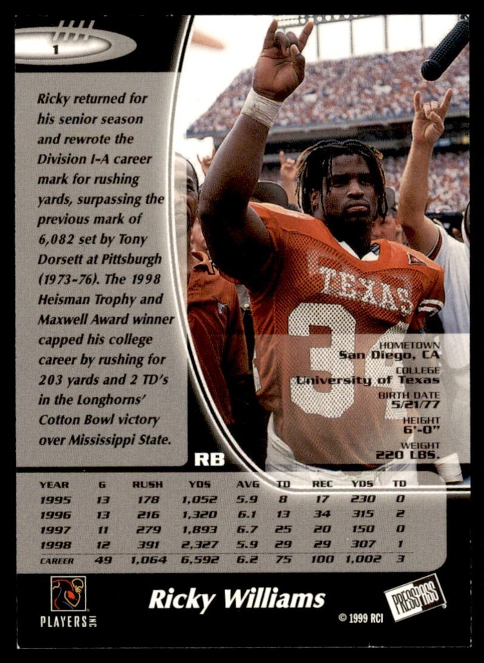 1999 Press Pass Ricky Williams Rookie Texas Longhorns #1 | eBay
