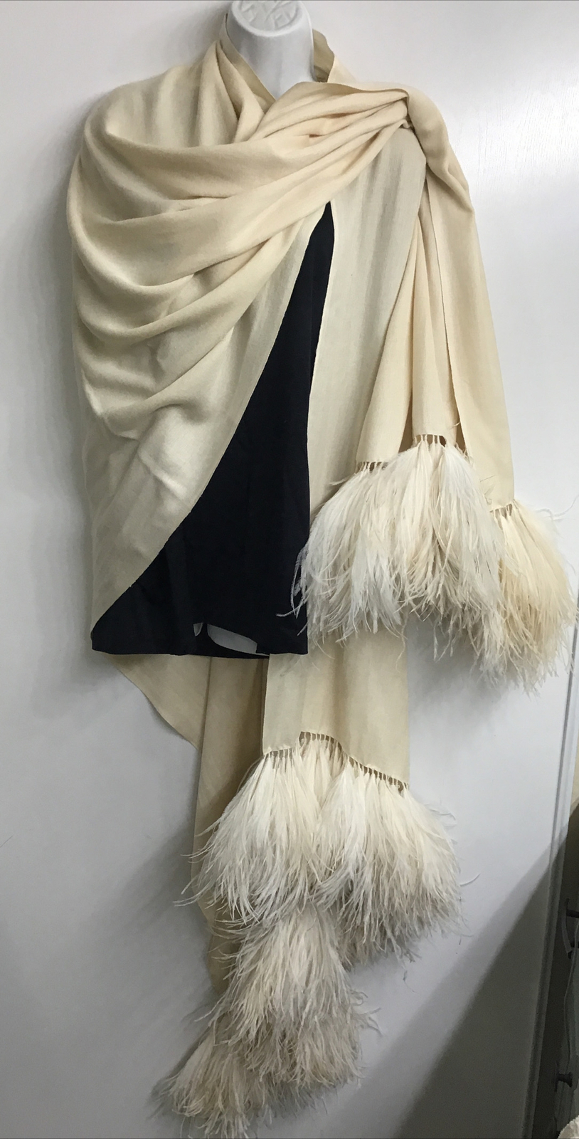 Ostrich Feather Trim Wrap Long Cashmere And Silk - Gem