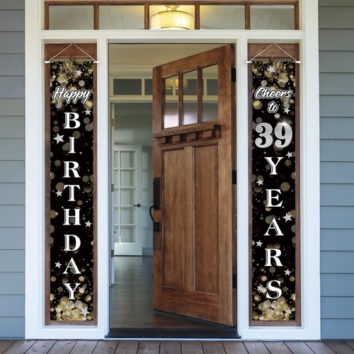 Happy 39th Birthday Black & Silver Star Door Sign Banner - Cheers to 39 ...