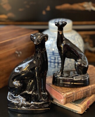 Stunning 19C Black English Jackfield Staffordshire Whippet Hunt Dogs 6. ...
