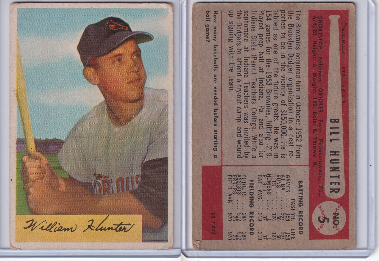 1954 Bowman Baseball Card # 5 William "Bill" Hunter Baltimore Orioles ...
