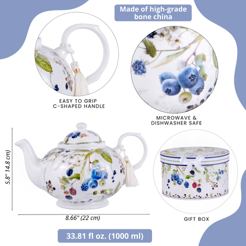 STPGOODS 1-qt Wild Berries Bone China Teapot in Gift Box Porcelain Tea ...