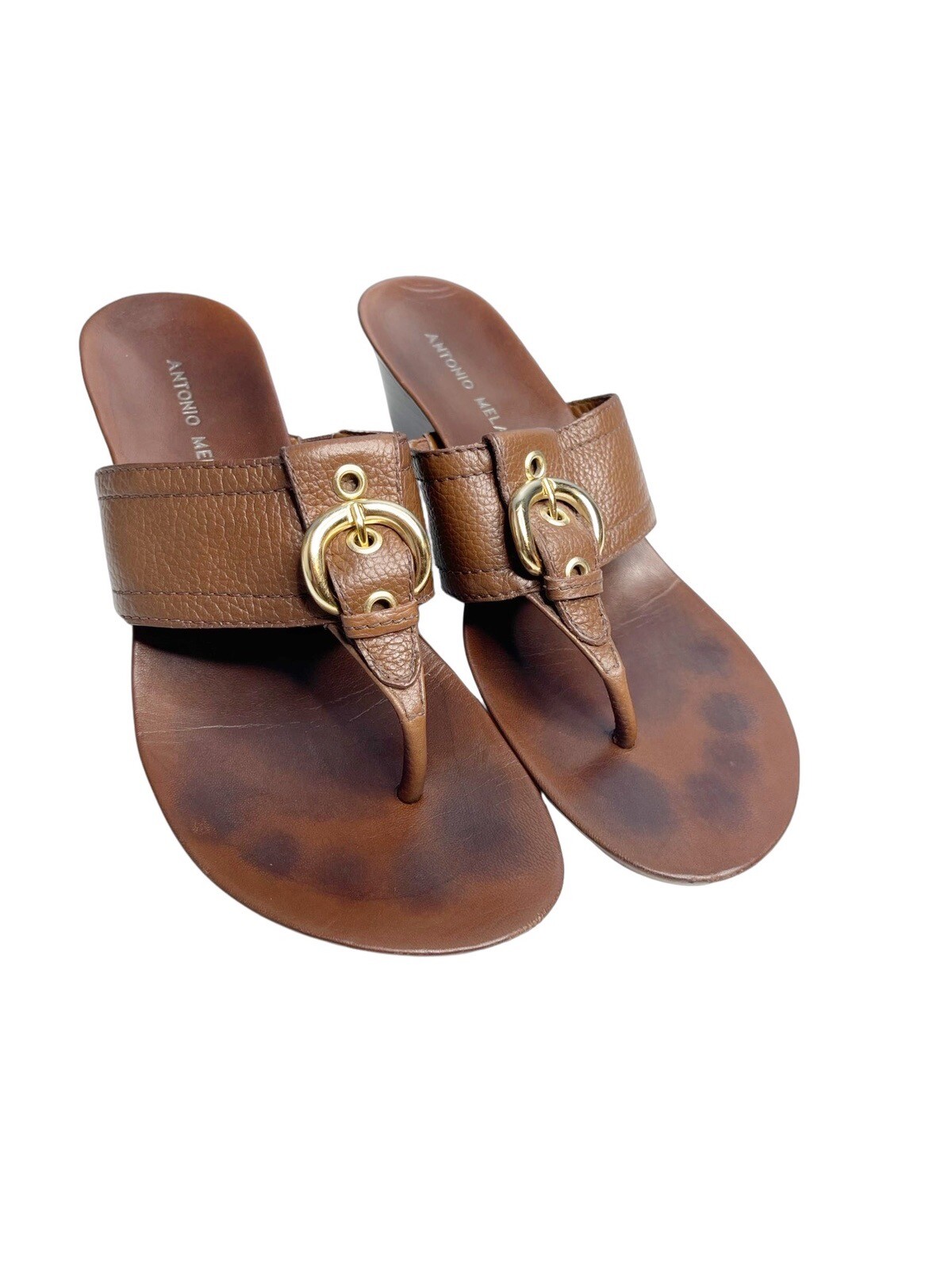 Antonio Melani stacked wedge brown leather thong heel… - Gem