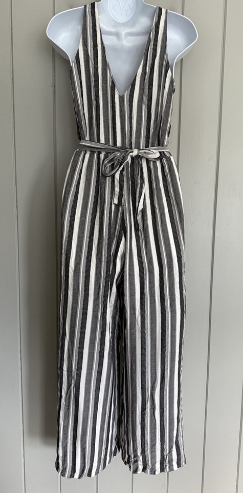 Amanda Uprichard Jumpsuit S Small Stripe Belted Gray Stripe Crop Wide ...