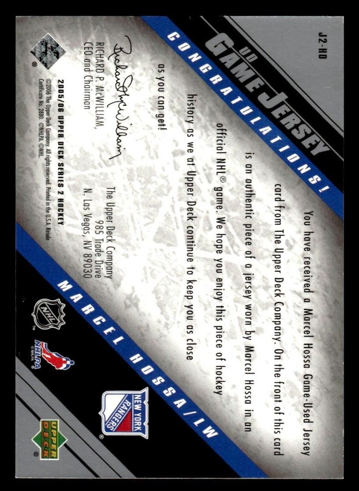 2005 UPPER DECK MARCEL HOSSA J2-HO MINT UD GAME JERSEYS HOCKEY NEW YORK ...