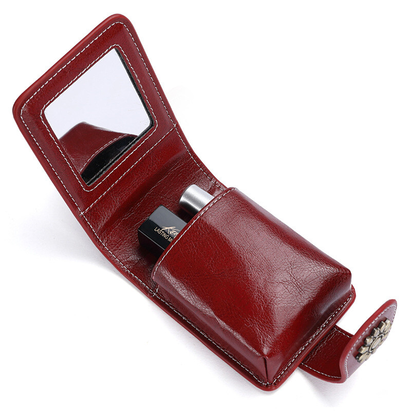 Women Real Leather Mini Make Up Case Bag Mirror Button Portable ...