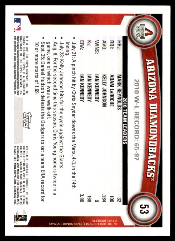 2011 TOPPS #53 ARIZONA DIAMONDBACKS ARIZONA DIAMONDBACKS | eBay