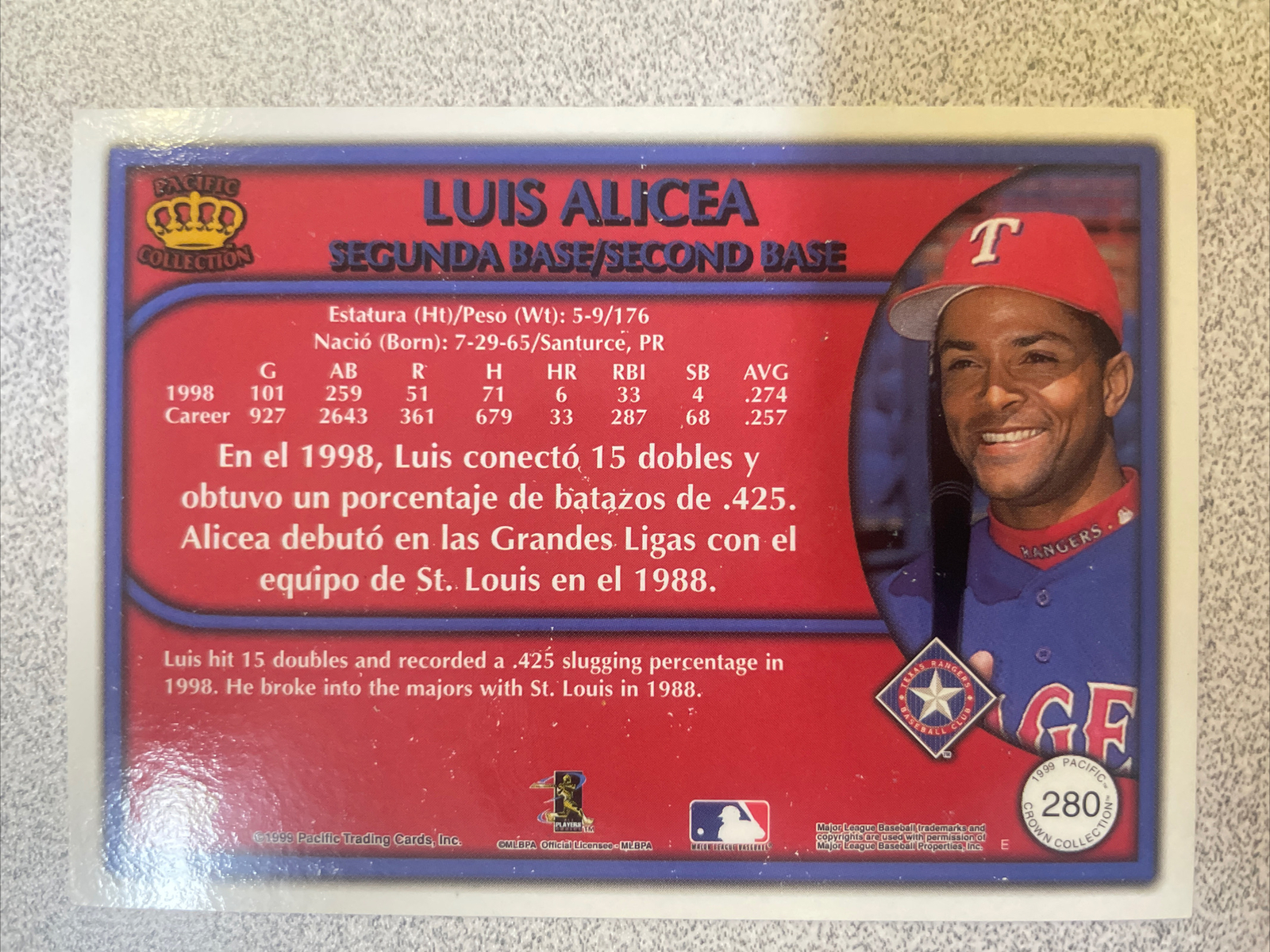 1999 Pacific Crown Luis Alicea Autographed Card #280 Texas Rangers A ...