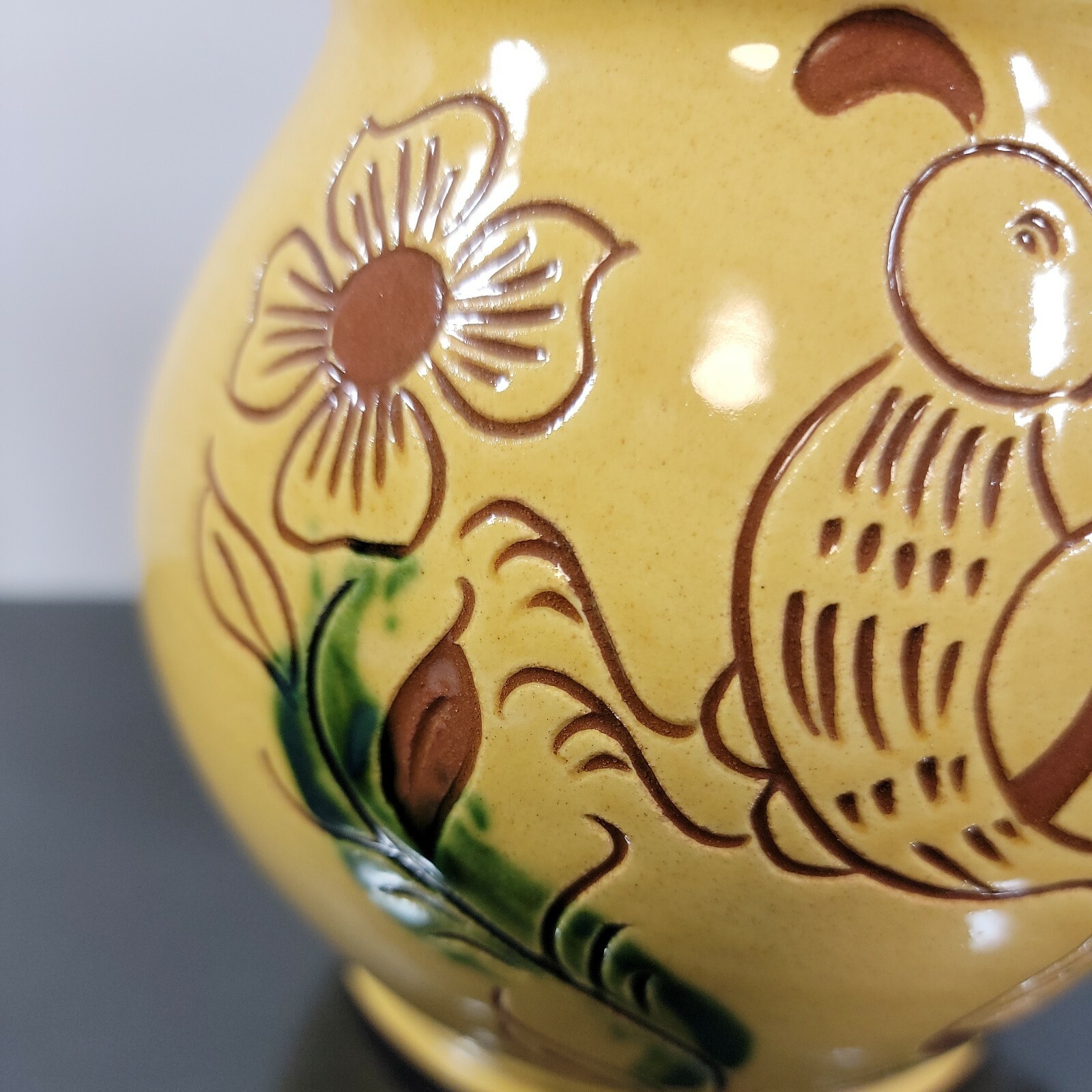 L. Breininger Redware Pottery 1997 Bird Floral Yellow Pitcher Folk Art ...
