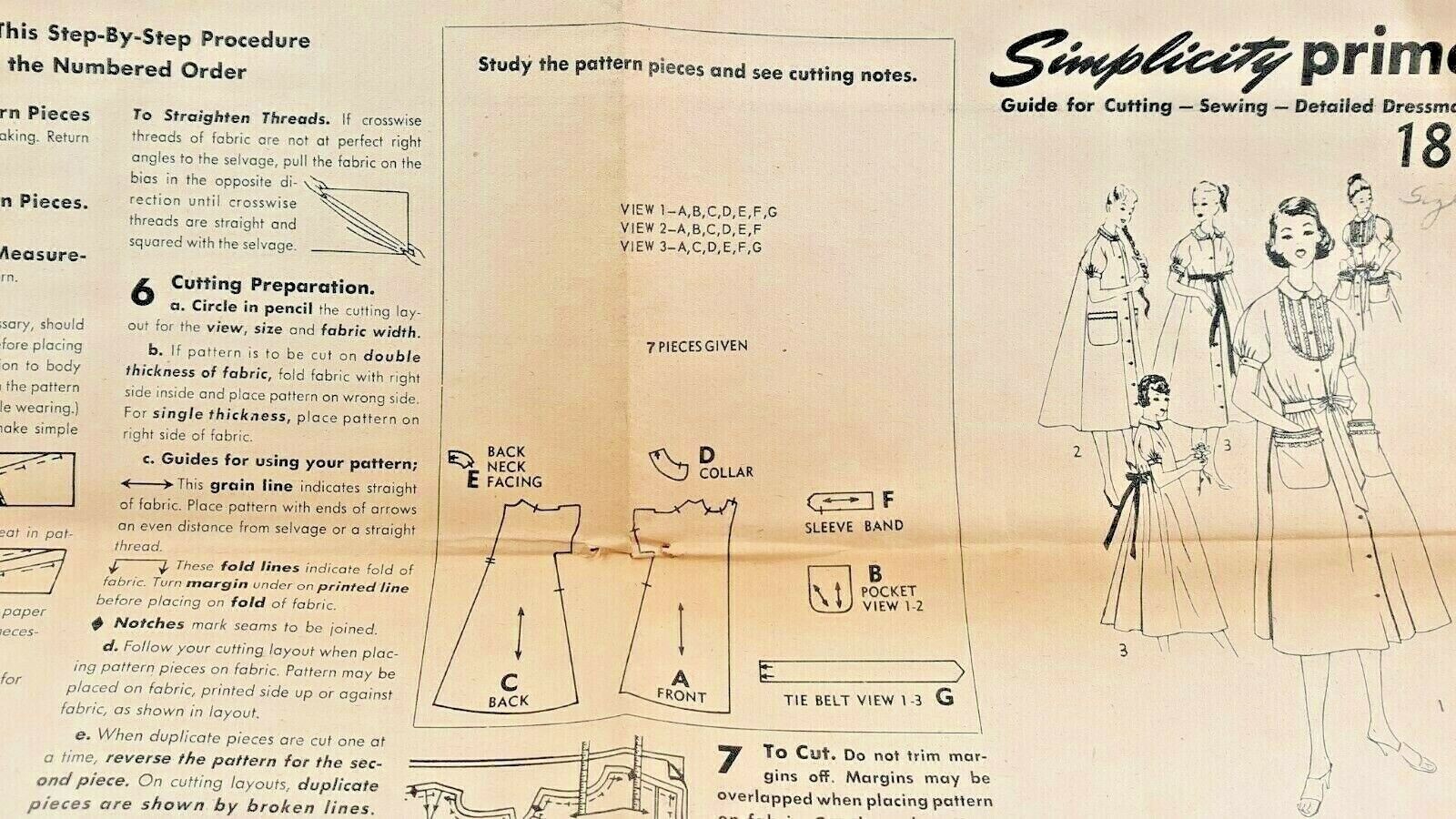 1950s Simplicity Sewing Pattern 1811 Womens Housecoat 3 Styles Sz 13 ...