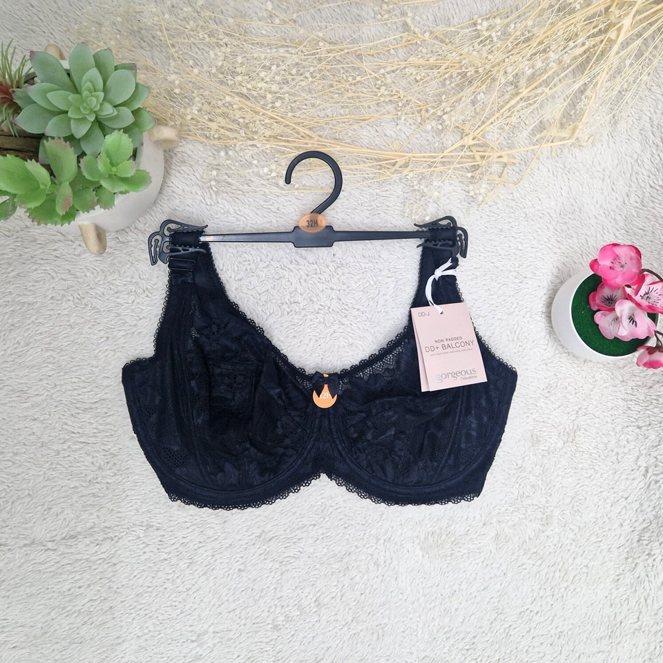 UK Ladies Bra DD+ Floral Net Balcony Bra Wired Non-Padded Black Size ...