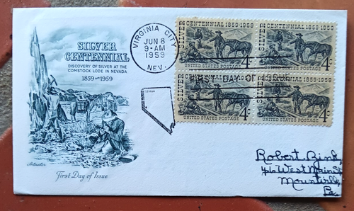 SILVER MINING CENTENNIAL NEVADA COMSTOCK LODE 1959 ARTMASTER CACHET FDC ...