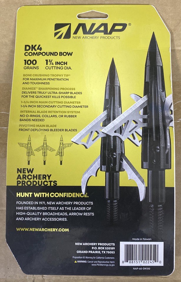 New NAP DK4 Compound Bow 100 Grain 3 Pack Broadheads 60-DK100 ...