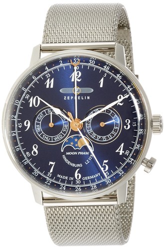 ZEPPELIN Watch Hindenburg Black Dial Moon Phase 7036-M3 Men's Stainless ...