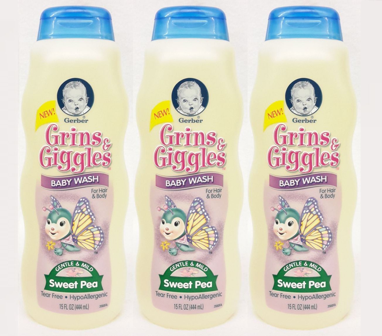 3 Gerber Grins Giggles SWEET PEA Gentle Mild Baby Wash For Hair & Body ...