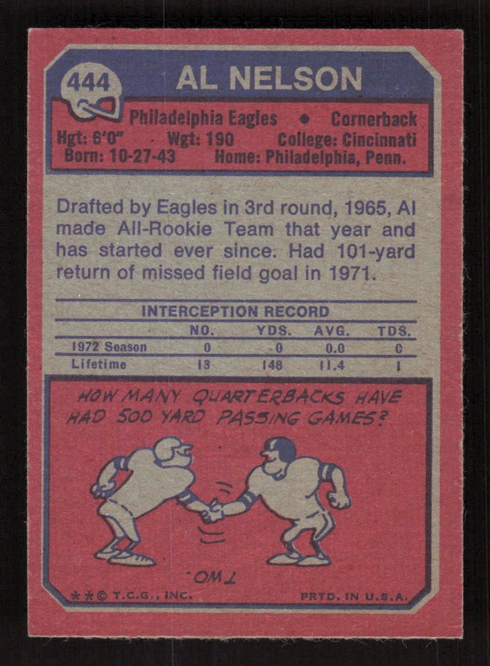 1973 Topps Set-Break #444 Al Nelson Philadelphia Eagles | eBay