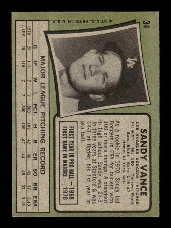 SANDY VANCE SIGNED 1971 TOPPS BASEBALL #34 LOS ANGELES DODGERS ON-CARD ...