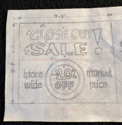 1960s Sign Painter Mockup For Closeout Sale Marked w Measurement Half ...