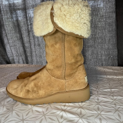 Ugg Women's Tan Kara Boots Size-8.5 Sheepskin Mid calf Wedge | eBay