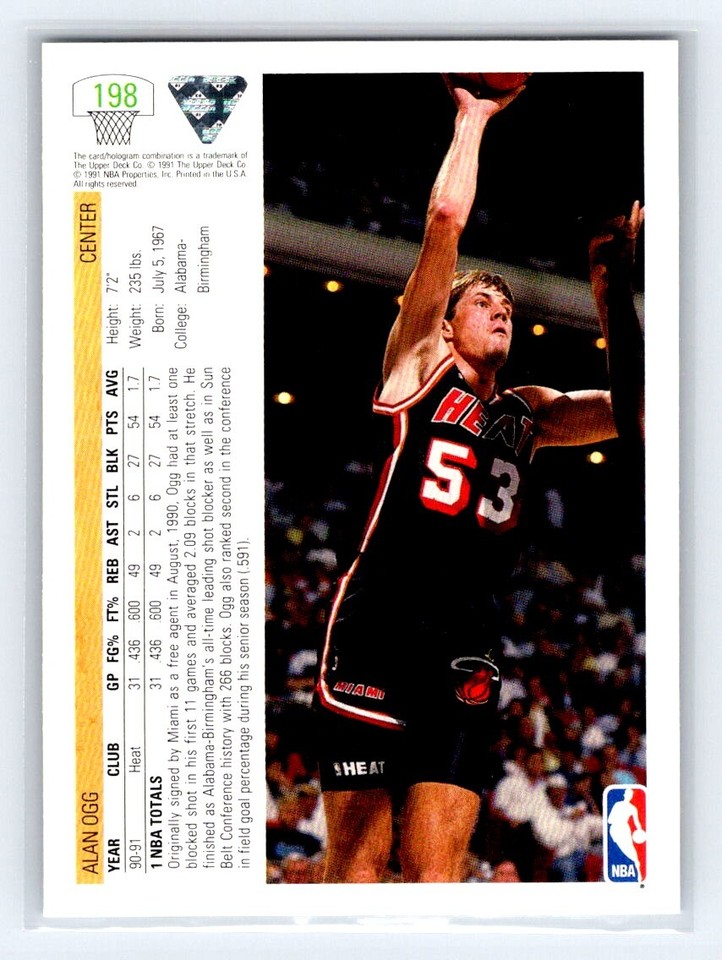 1991 Upper Deck Alan Ogg #198 Miami Heat Rookie | eBay