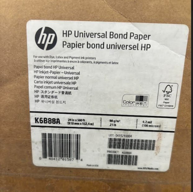 HP Universal Wide Format Bond Paper, 24 X 500, Matte Finish (K6B88A) | eBay