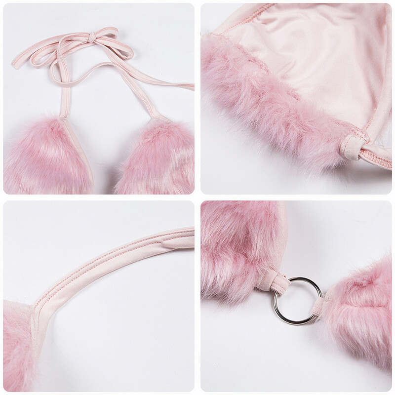 Faux Fur Bra Neck Bralette Adjustable Lace Up Fluffy Bikini Top Party ...