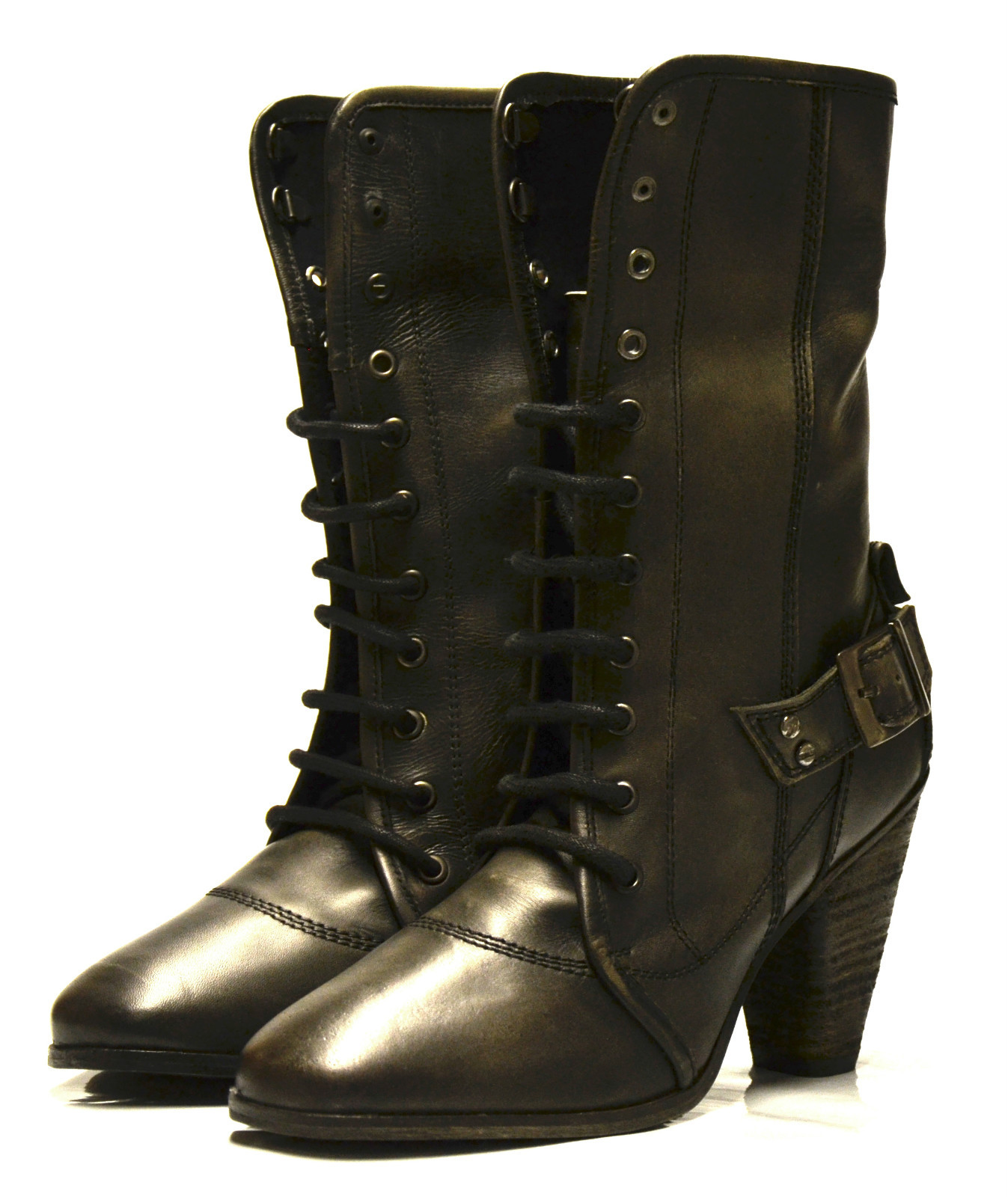 Ladies Womens New Leather Military Army Lace Up High Heel Ankle Boots ...