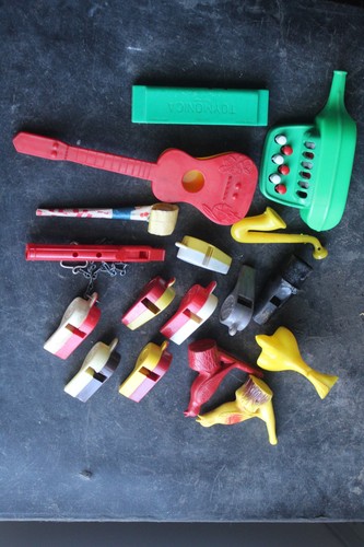 LOT of Toys plastic-birds sax harmonica whistles two tone, toy guitar ...