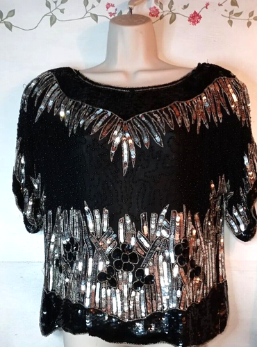 Vintage Beaded And Sequined Top Med Black And Silver Candlelight by ...