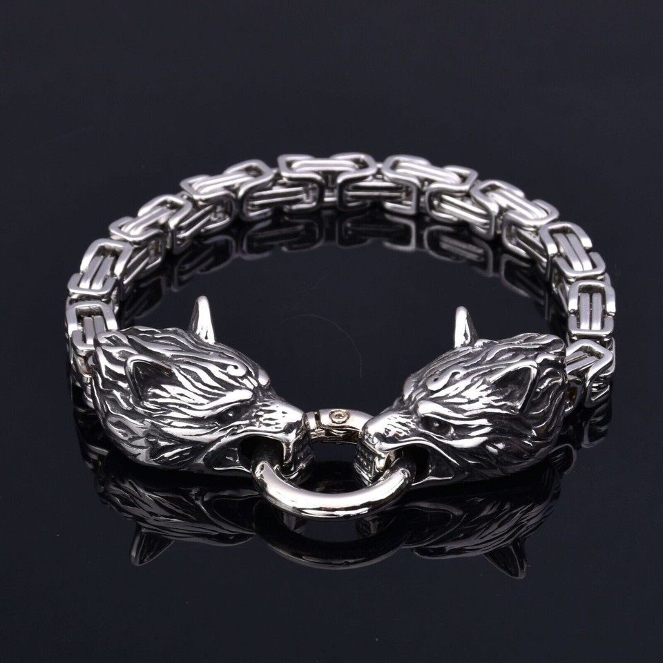Stainless Steel King Chain Norse Viking Fenrir Wolf Head Byzantine Link ...