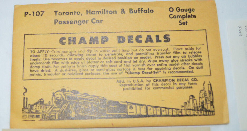 O Scale Champ Decals P-107 Toronto Hamilton & Buffalo Passenger Car | eBay