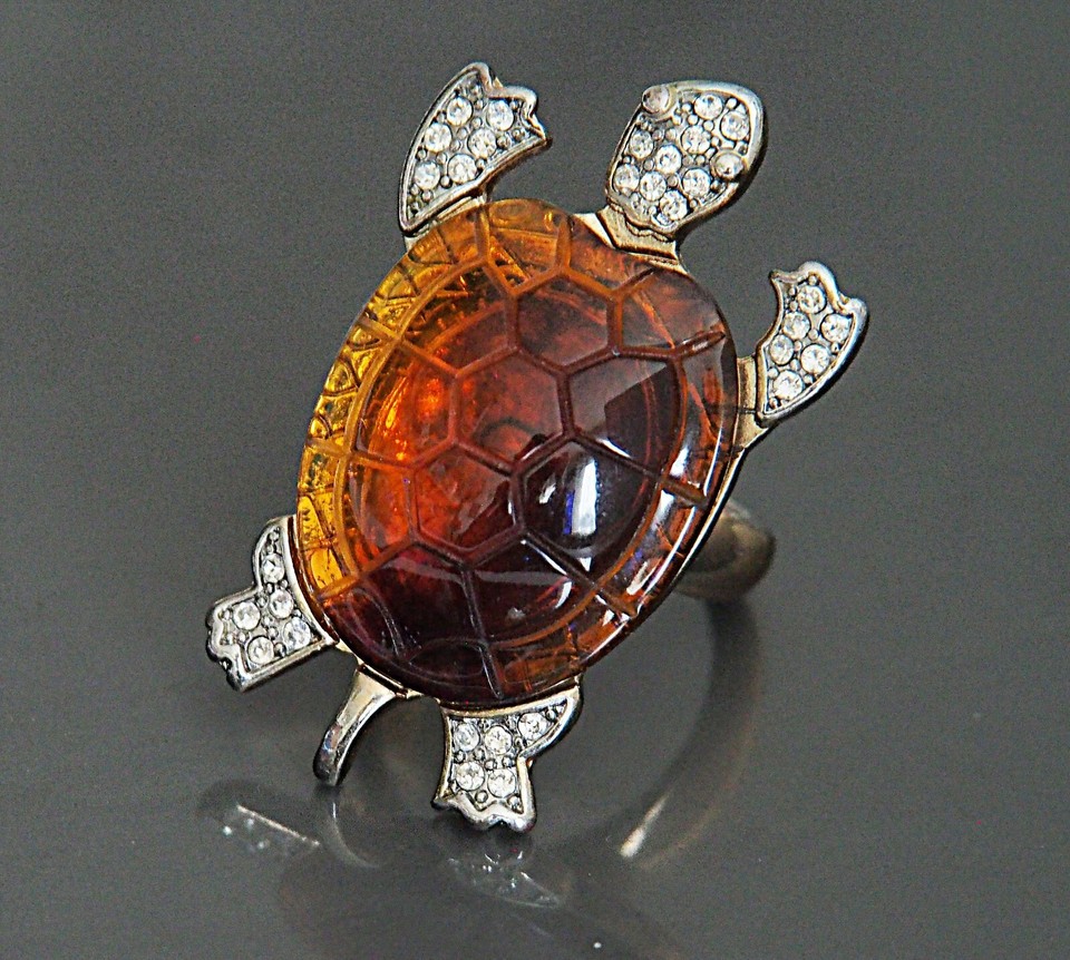 Kenneth Jay Lane KJL Vintage Crystal Tortoise Shell Lucite Turtle Ring ...