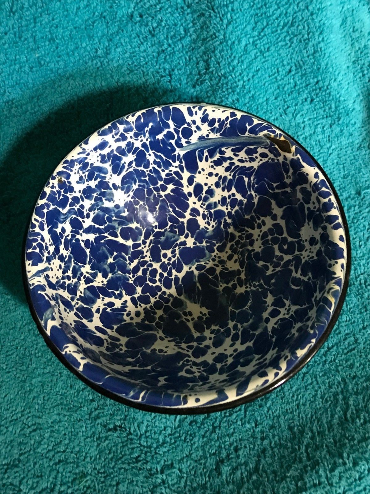 Vintage Blue & White Enamelware Splatterware 6 1/8" Bowl w Black Rim 2 ...