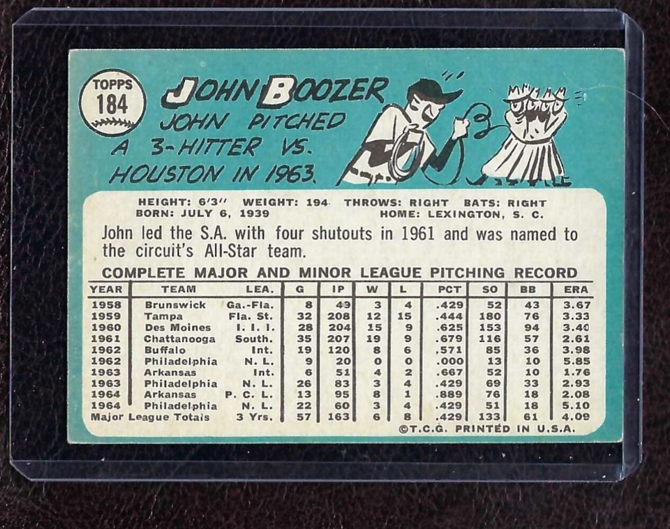 1965 Topps Baseball Card #184 John Boozer, Philadelphia Phillies, EX-MT ...