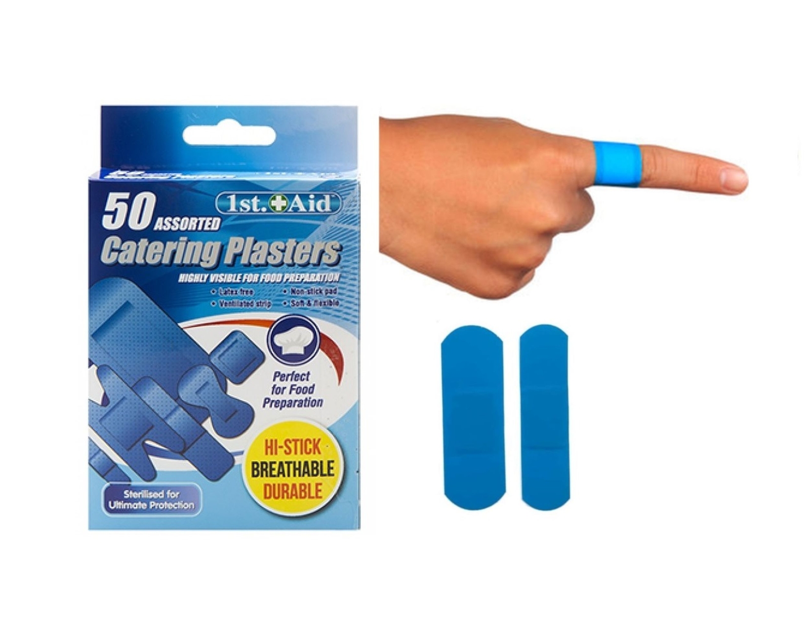 50 Blue Catering Plasters Latex Free Breathable Flexible Finger Knuckle ...