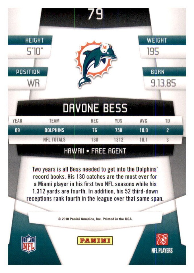 2010 Certified Davone Bess NFL Base Card PWE Set Break Dolphins #79 | eBay