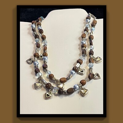 Brighton Zen Garden Wood Blue & AB Glass Bead Heart Charm Double Strand ...