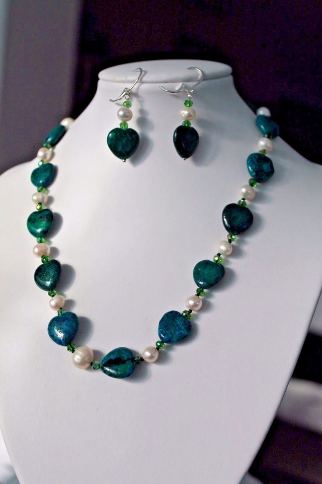 Beautiful AZURITE Heart Shaped Gem & White CULTURED PEARL Necklace ...