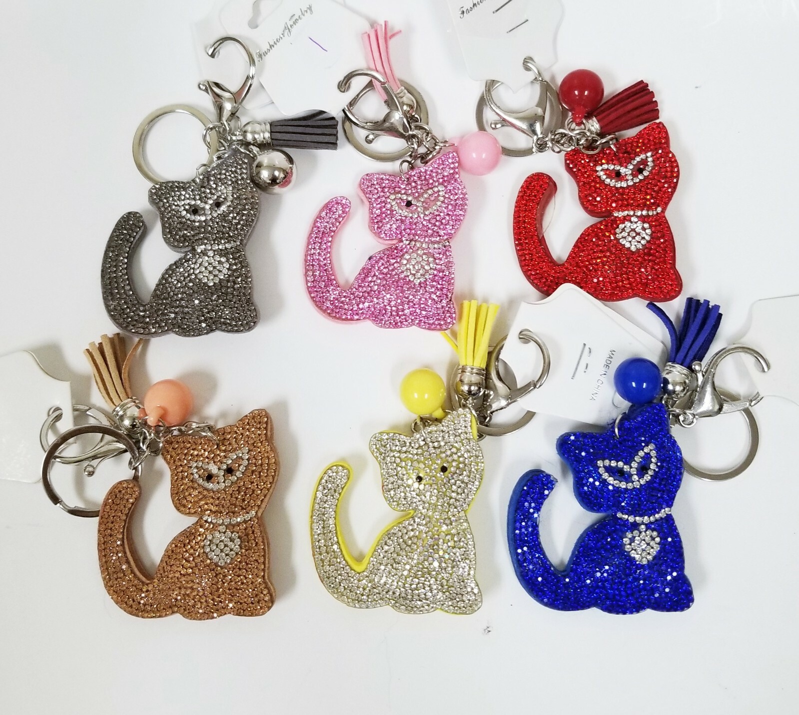 NEW SILVER TONE,CRYSTALS GLITZ,TASSEL,FOB,KEY CHAIN, RING,CHARM CAT ...