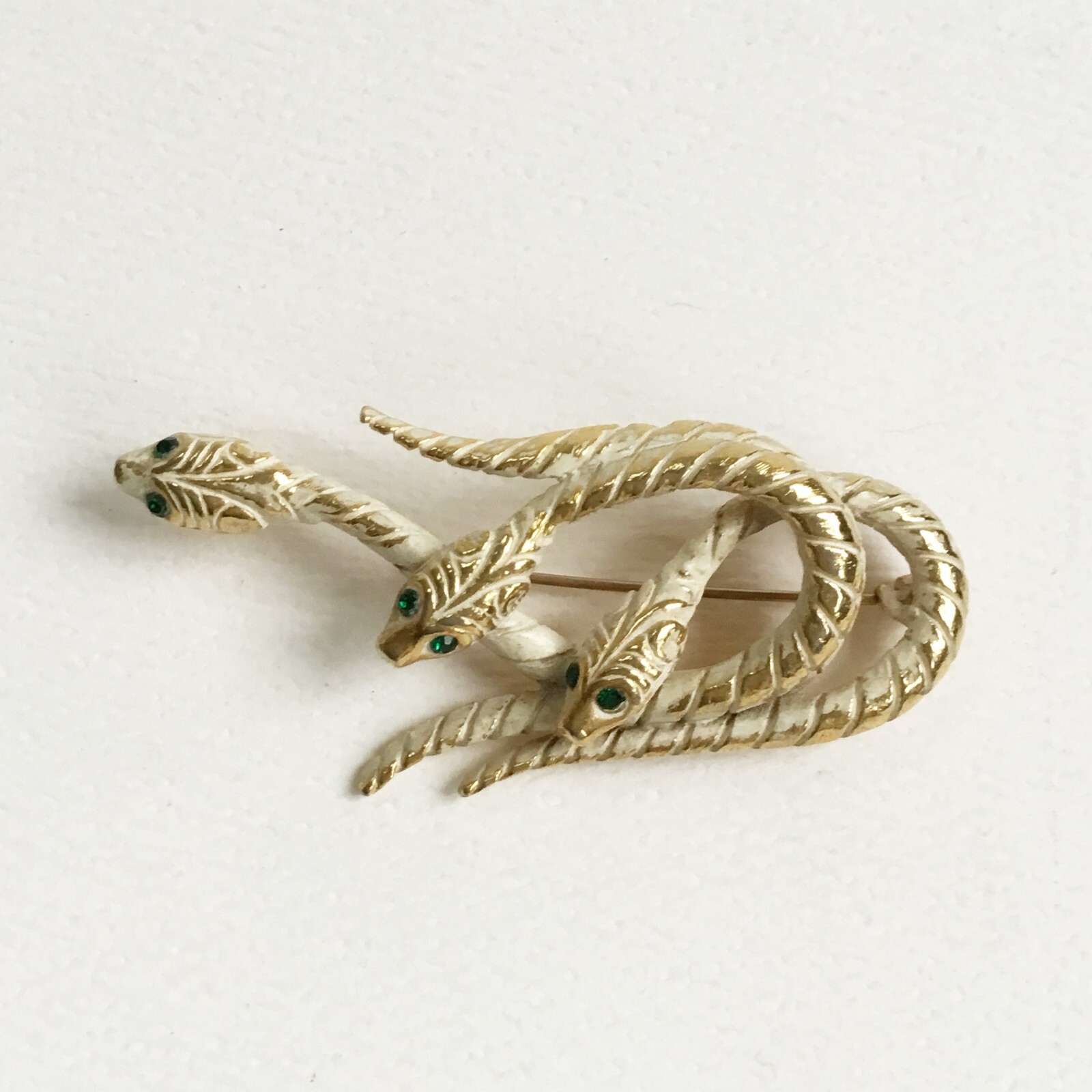 Vintage Enamel Triple Intertwining Snakes Green Rhine… - Gem