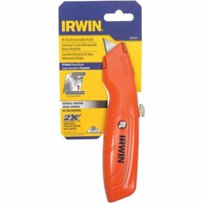 IRWIN UTILITY KNIVE RETRACTABLE HIGH-VIS ORANGE BOX CUTTER W/3 BLADES ...
