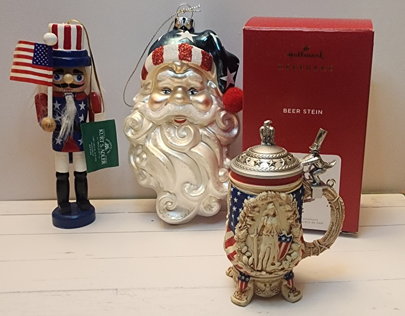 Kurt Adler & Hallmark Lot Of 3 Patriotic Santa - Nut Cracker - Stein ...