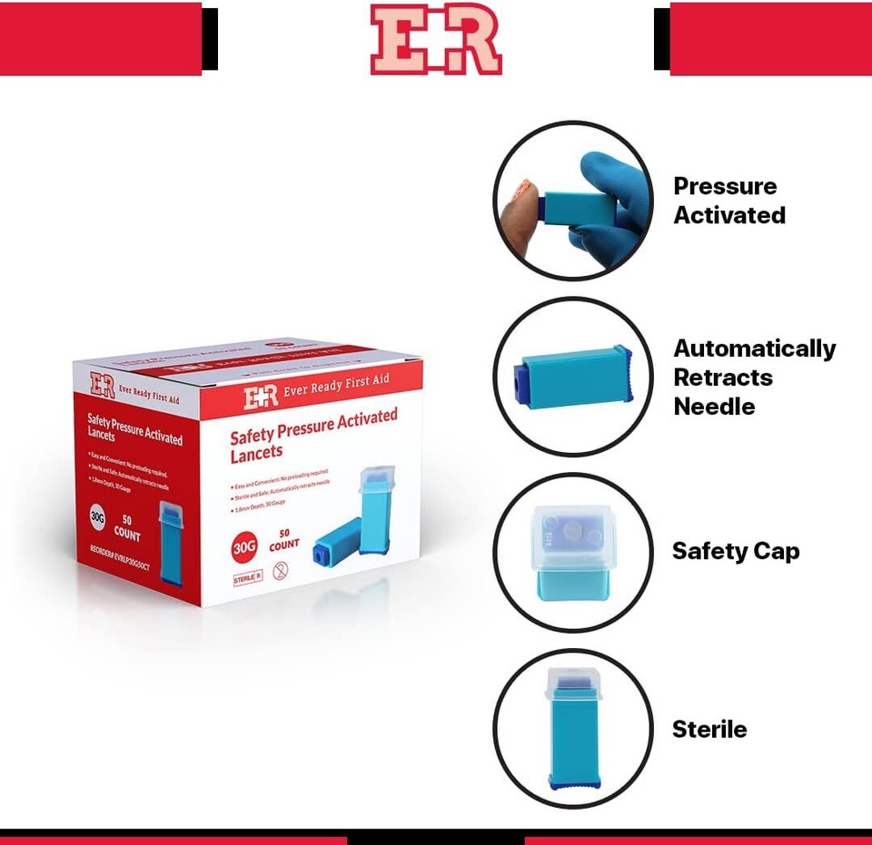 Ever Ready First Aid Safety Pressure Activated Lancets 30 Gauge Blood ...