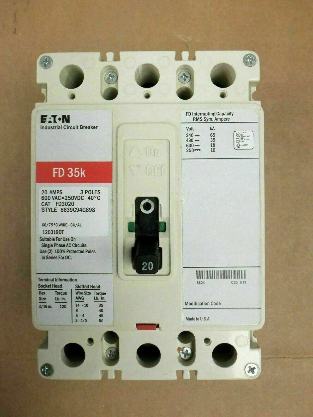 Eaton Cutler-Hammer FD FD3020 3 Pole 20 Amp 600V R/S Circuit Breaker | eBay