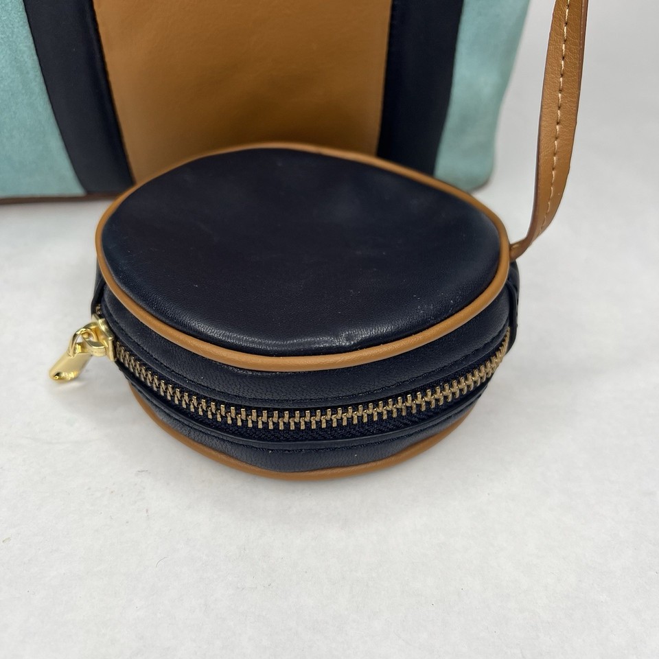 Talbots Colorblock Tote Bag Leather Gold Handbag Purse Navy Blue Camel ...