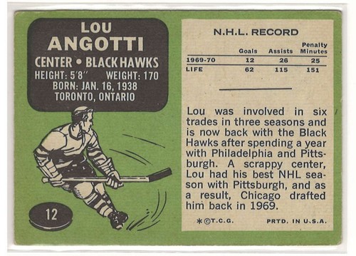 1970-71 Topps Hockey #12 LOU ANGOTTI Chicago Blackhawks | eBay