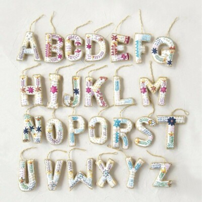Creative Co-Op Initial Letter Fabric Ornament Embroidery Sequins Beads ...